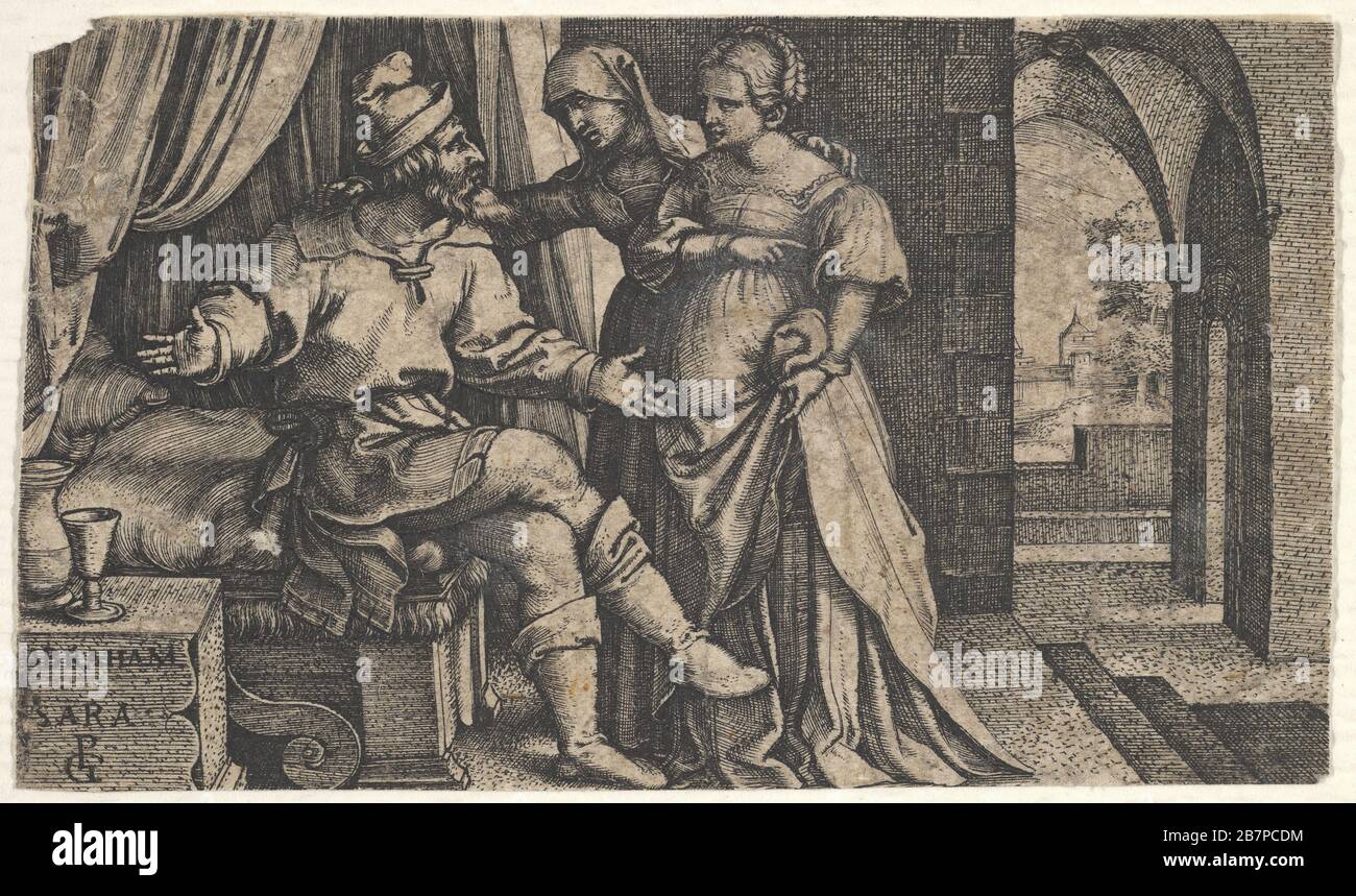Sarah presenting Hagar to Abraham, who sits at the foot of a bed, from ...