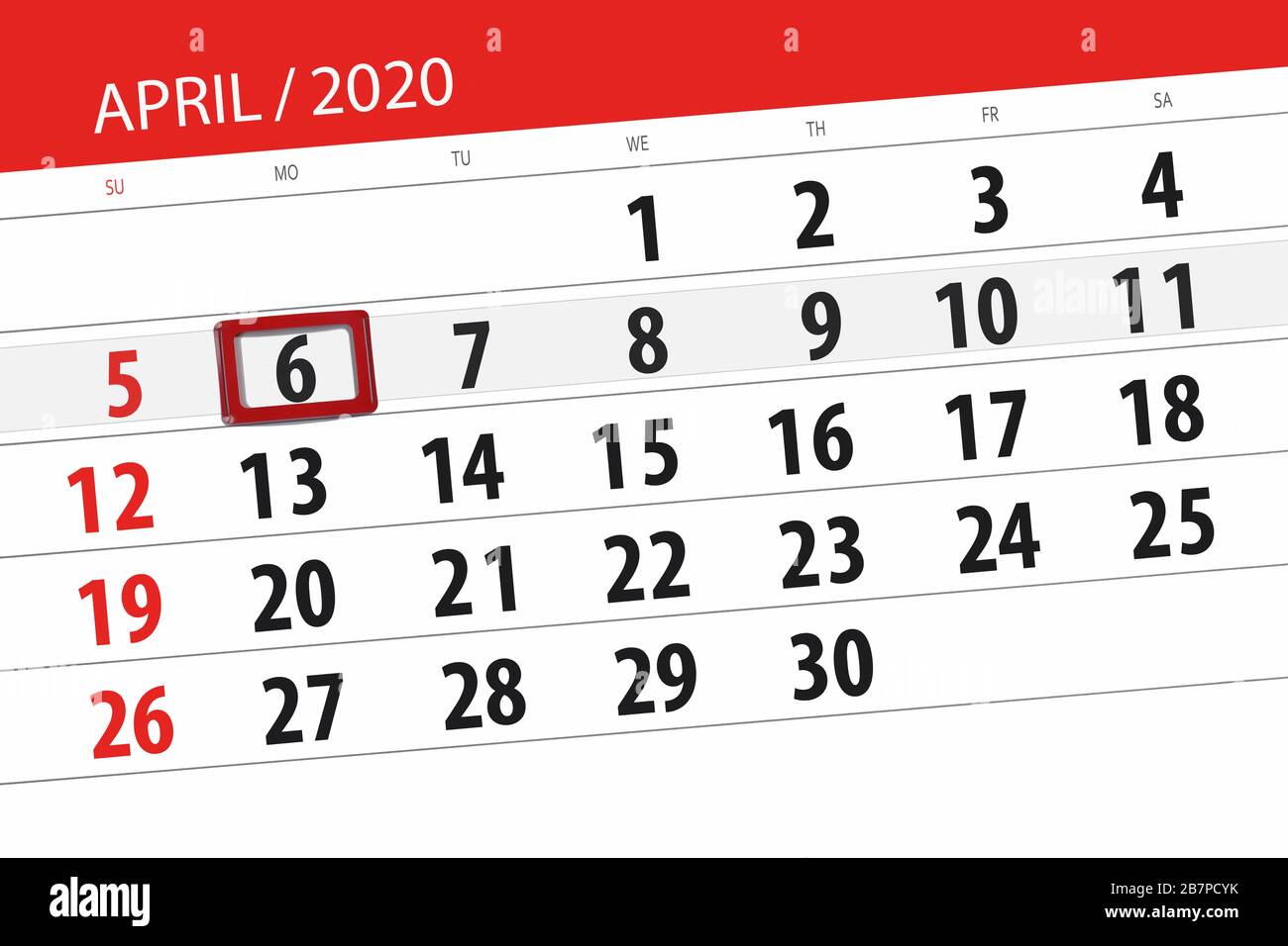 Calendar planner for the month april 2020, deadline day, 6, monday ...