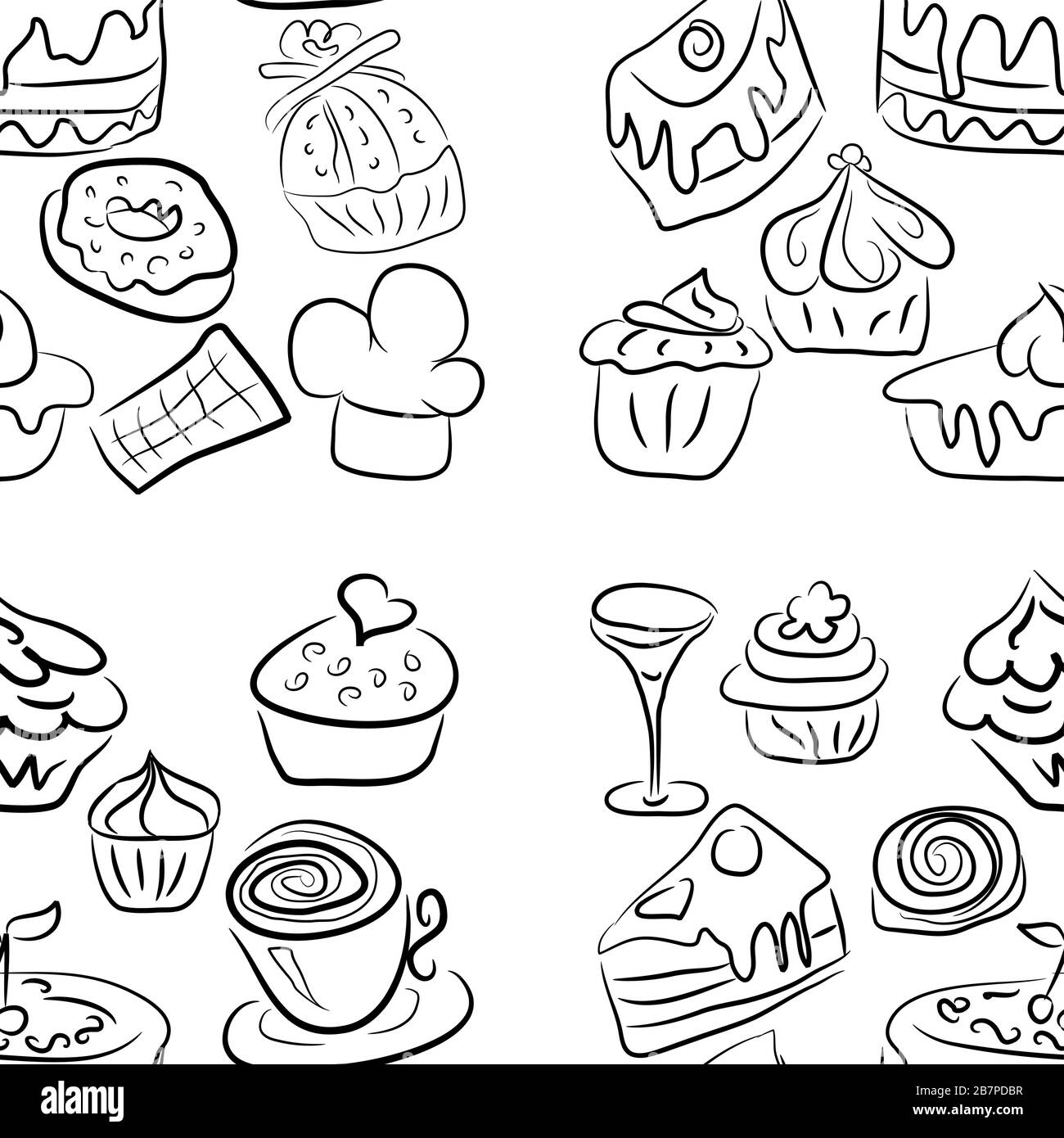 Sweet doodle pattern with cupcakes, cakes, candies and cones. hand drawn seamless pattern Stock ...