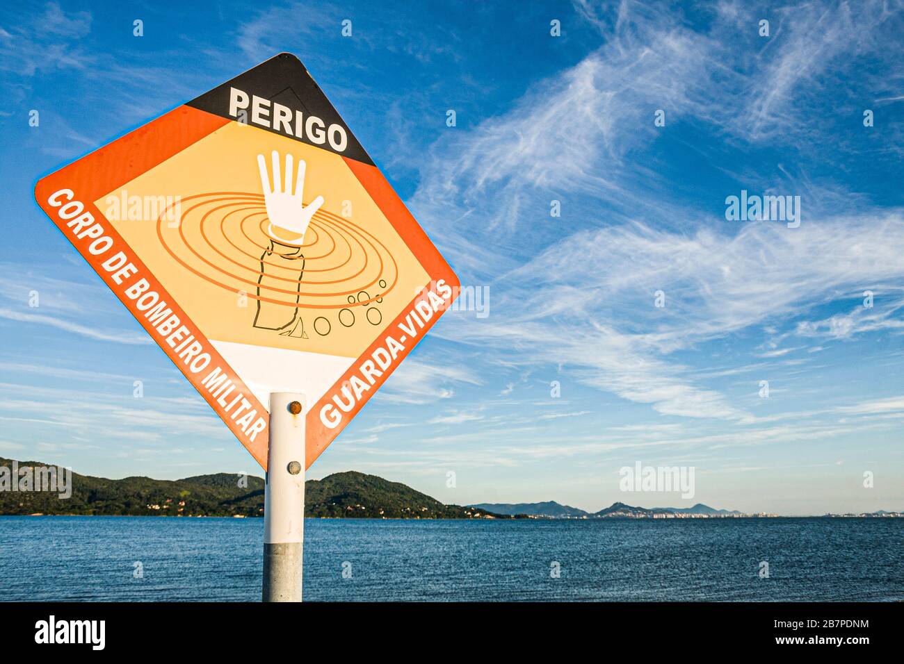 Drowning risk sign at Daniela Beach. Florianopolis, Santa Catarina ...