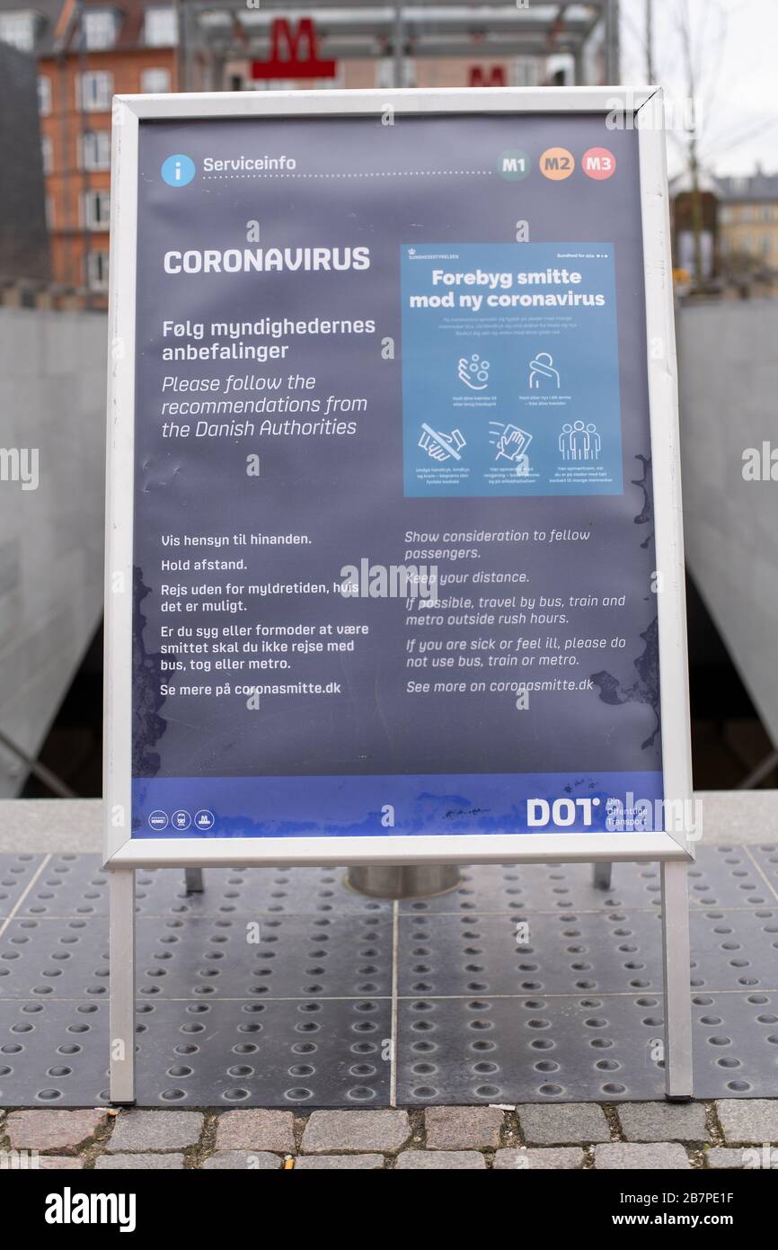 Coronavirus information sign at metro station in Copenhagen, Denmark ...