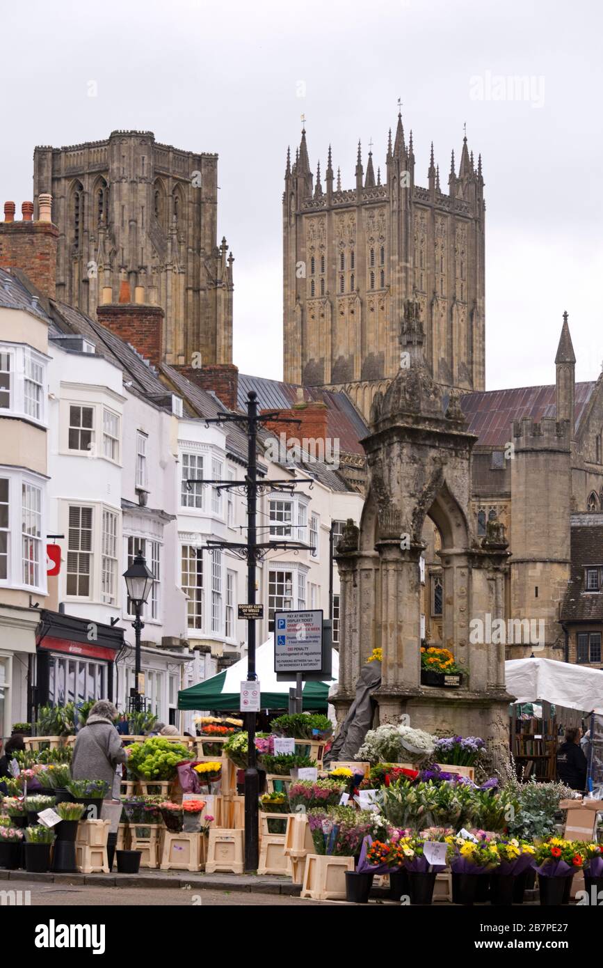 the ancient fountain and market square in the City of Wells, Somerset ...