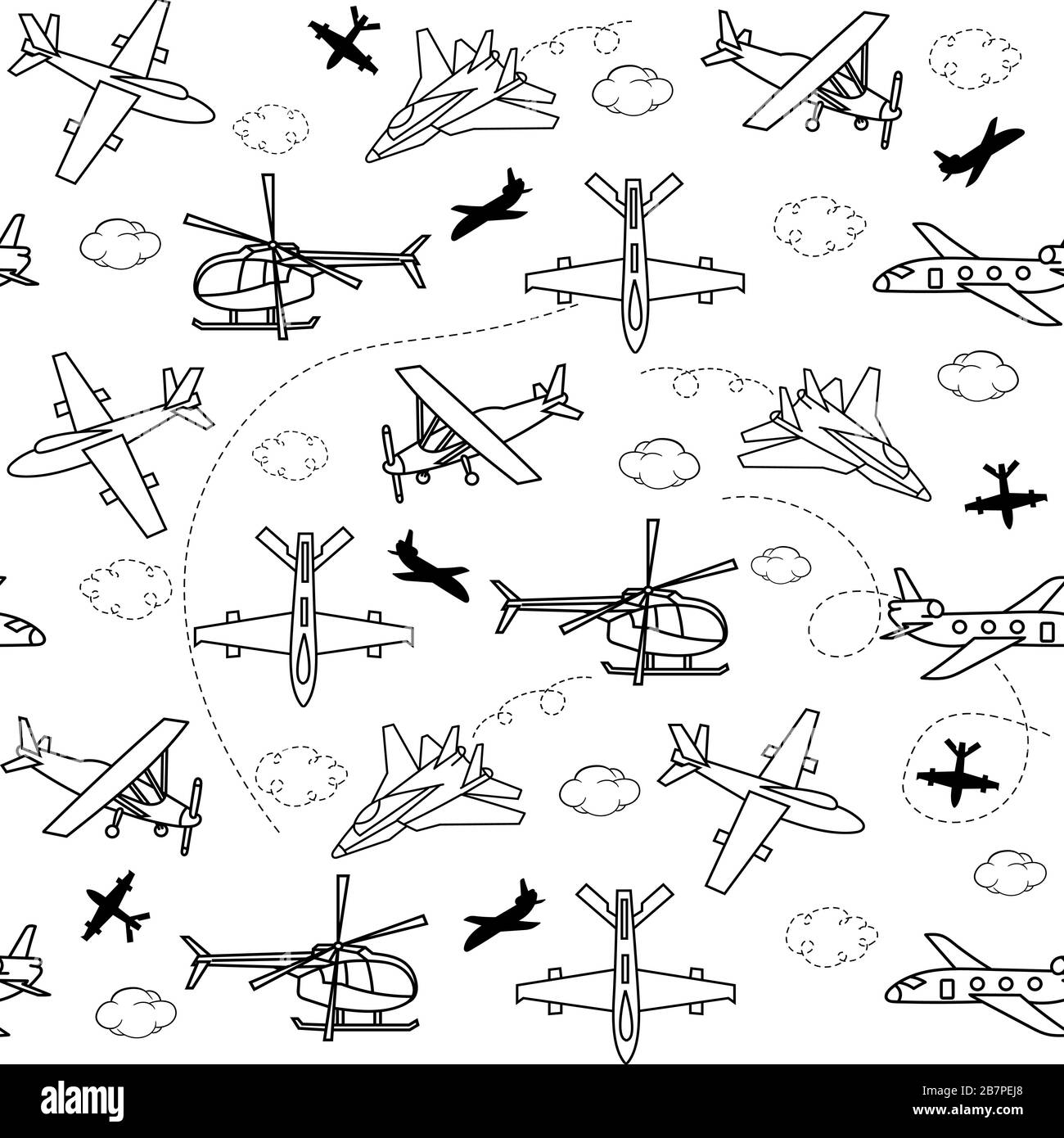 seamless vector pattern aircraft and helicopter, black and white on ...