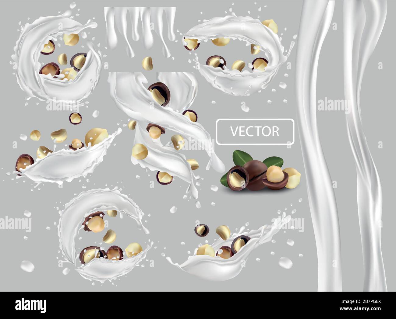 Milk splash with nuts. Milk shake. Sweet cream dessert. 3D realistic ...