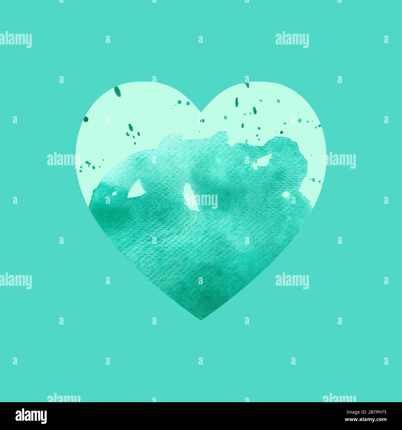 Watercolor emerald with mint heart on green background. Heart shape ...