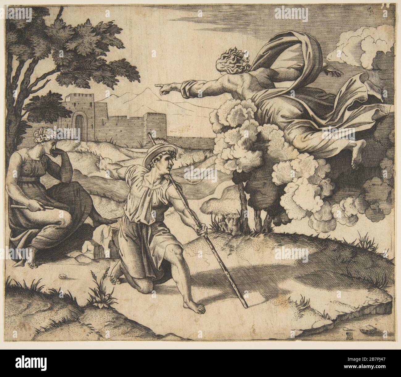 God appearing to Isaac; God floating in clouds pointing toward Rebecca ...