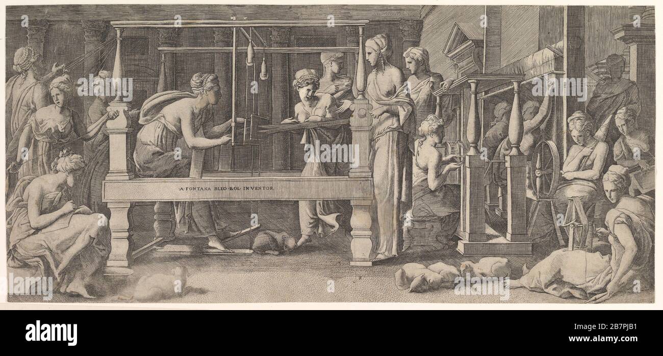 Women spinning, weaving and sewing, mid-16th century Stock Photo - Alamy