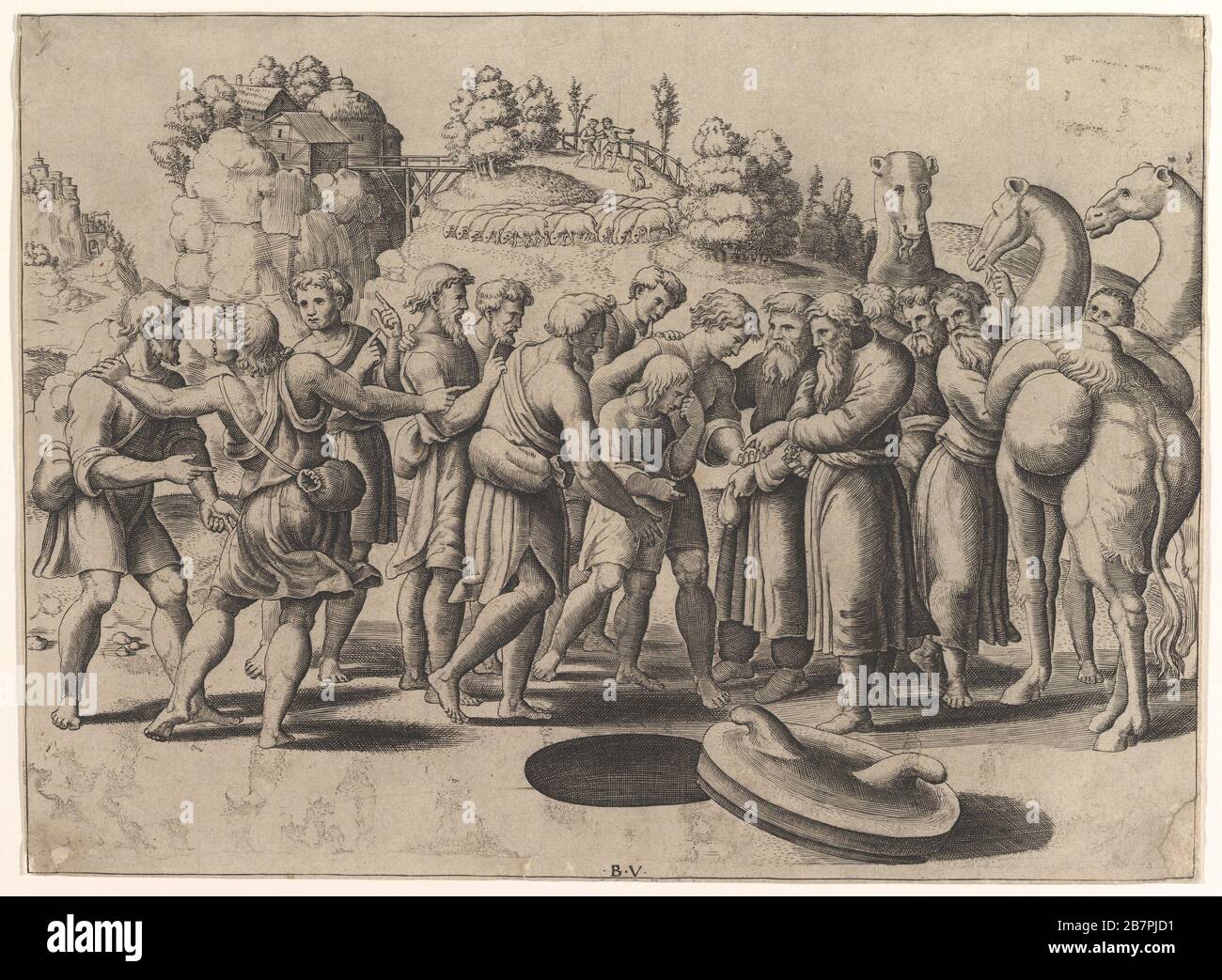 Joseph in the centre being sold by his brothers standing above a well ...