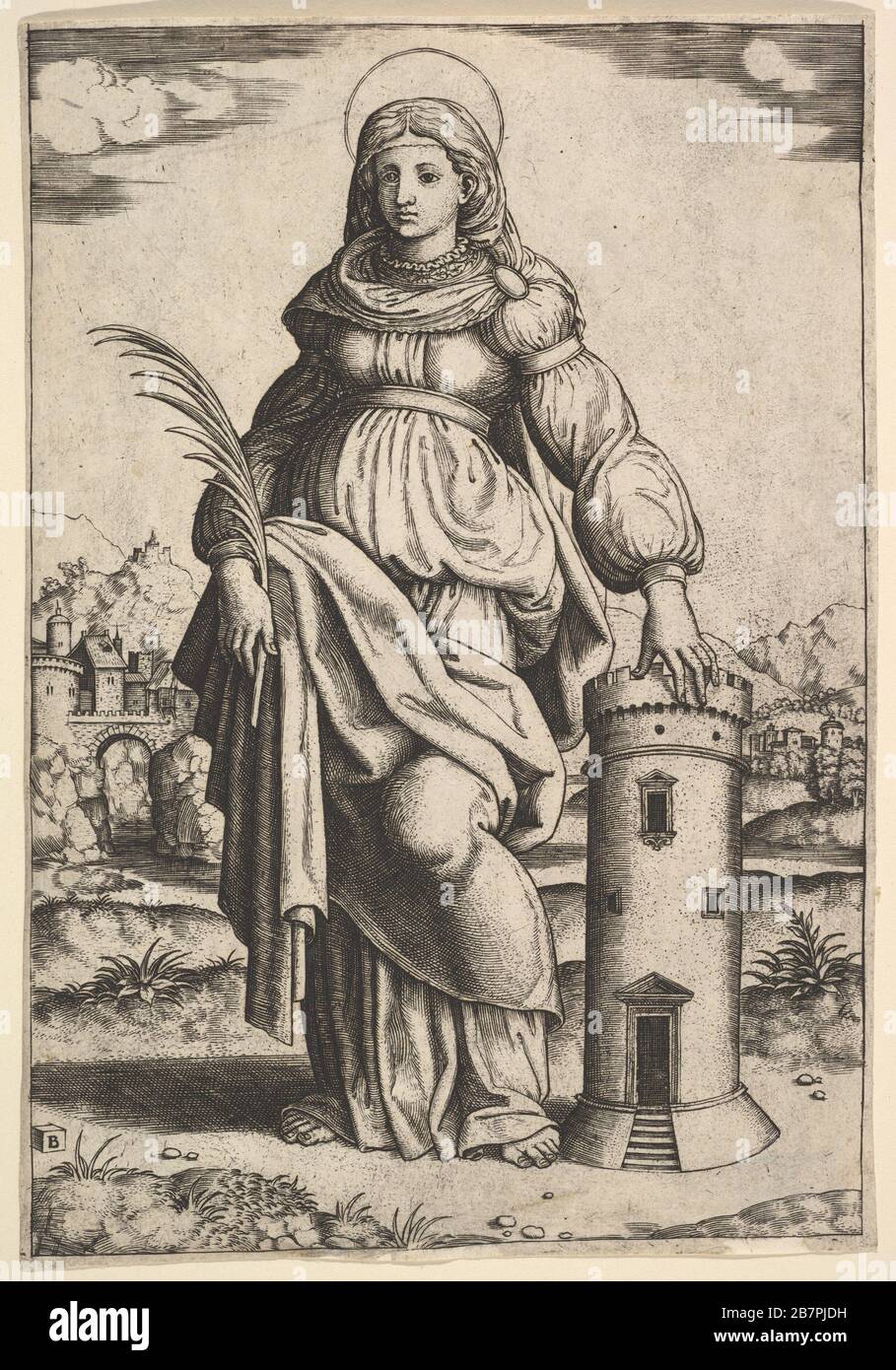 Saint Barbara standing, palm in her right hand, resting her left hand ...