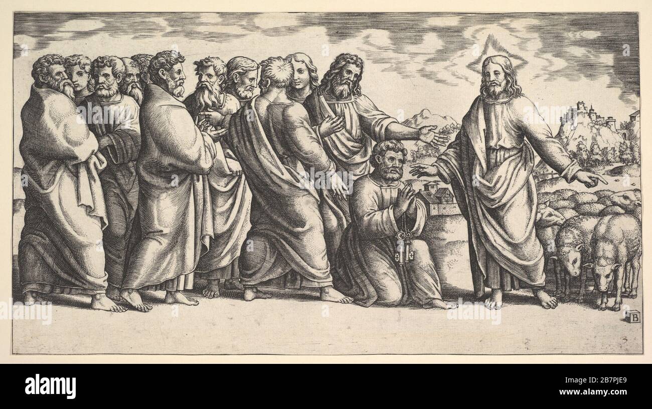 Christ standing at left indicating to a flock of sheep, before him ...