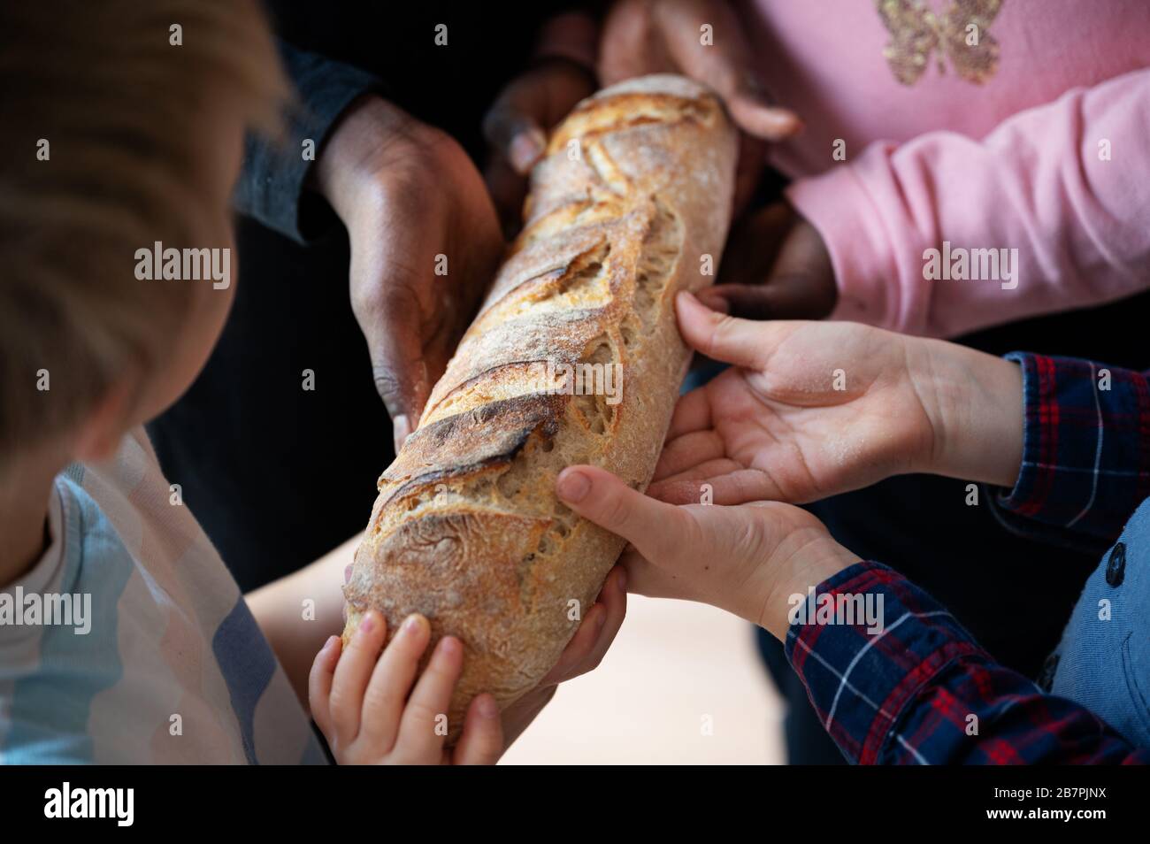 Hands of four children, black and white, holding one loaf of bread in a ...