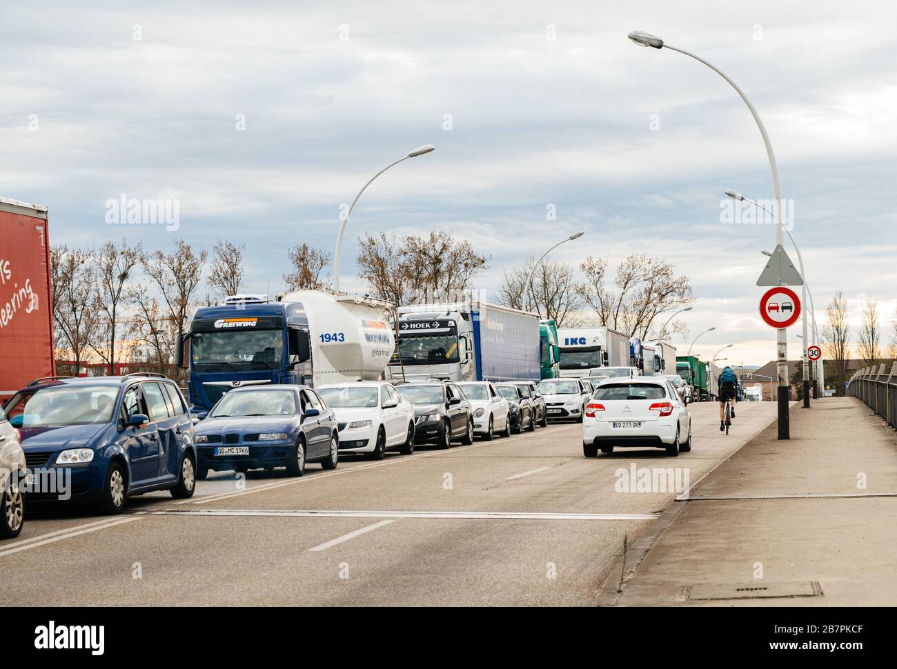 Strasbourg, France - Mar 17, 2020: Long traffic jam large queue with ...