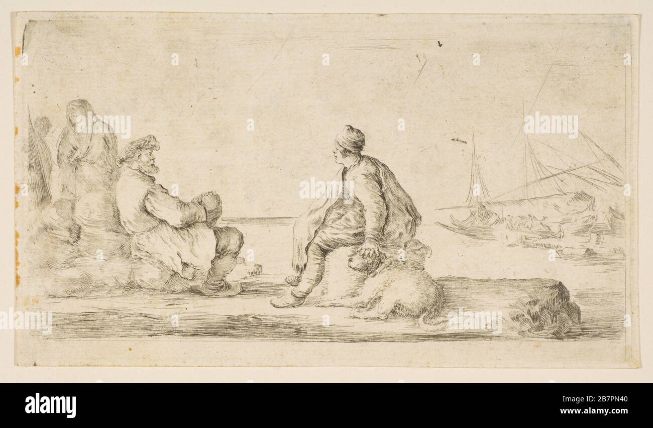 A young sailor and an old man sitting by the sea, 17th century Stock ...