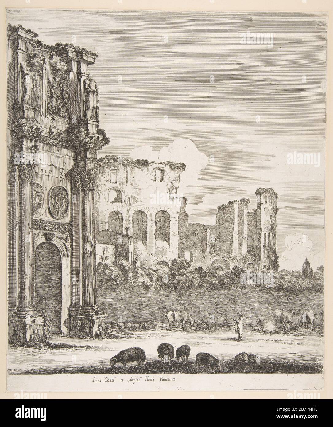 Arch of Constantine and Colosseum with sheep grazing in foreground ...