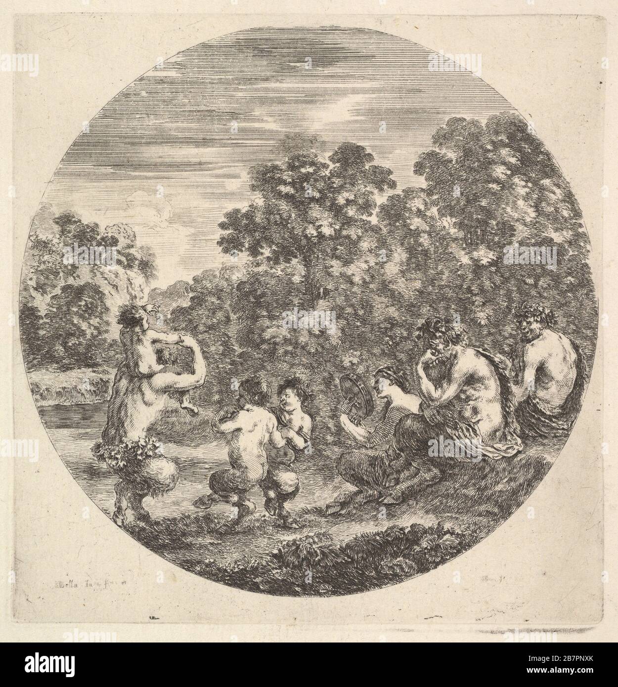 Two satyrs and a faun seated to right watching two child satyrs and ...