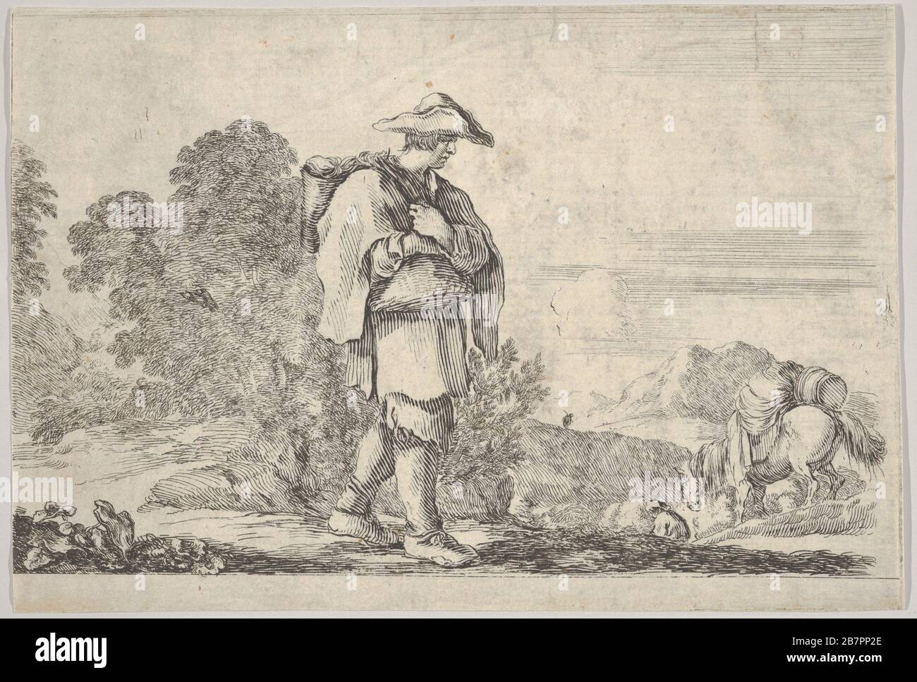 Plate 11: a peasant wearing a hat at center, walking towards the right ...