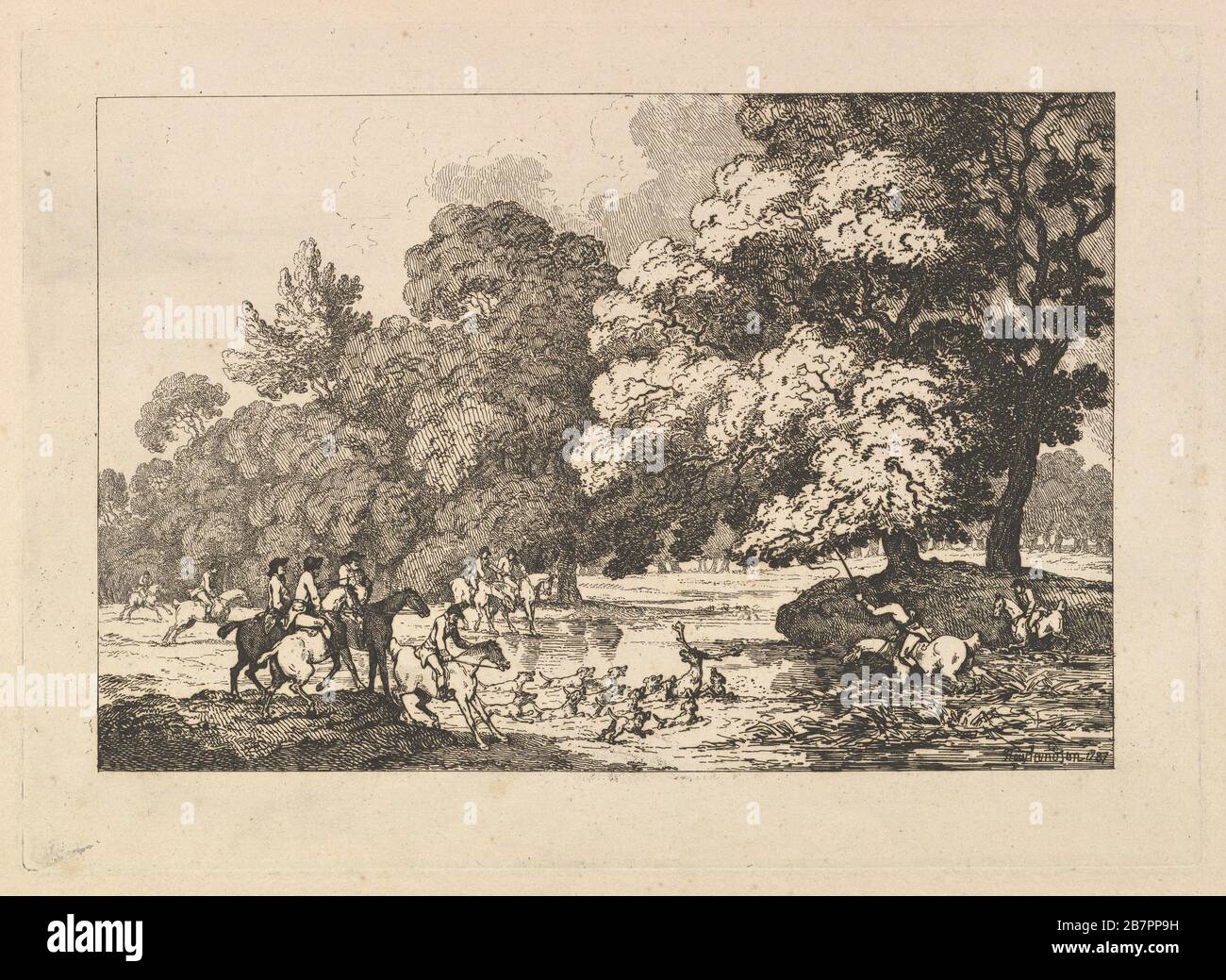 Deer Hunting - A Landscape Scene with Stag and Hounds in a River, 1787 ...