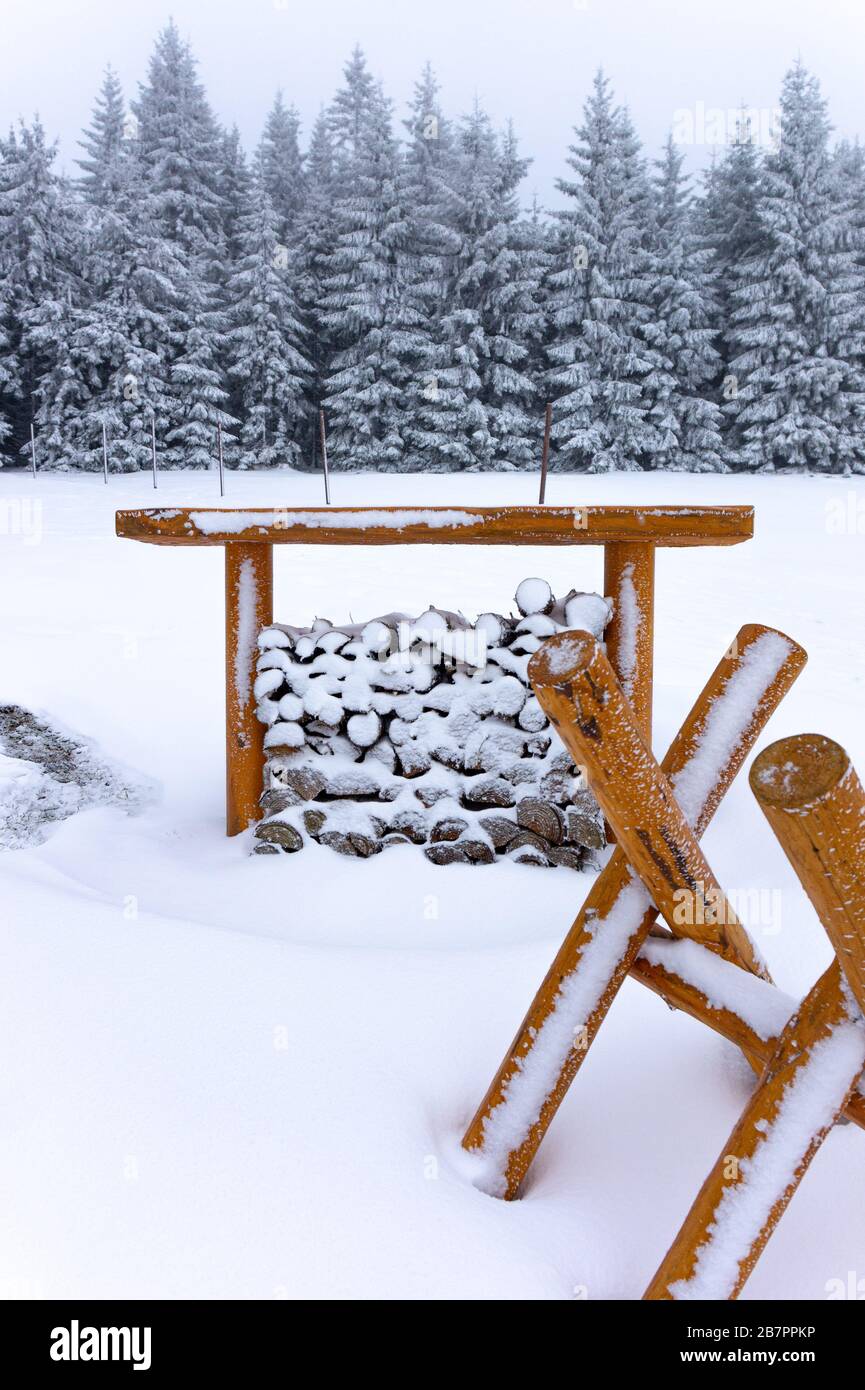 Stacked chopped firewood covered by snow in winter. Stacked wood ...