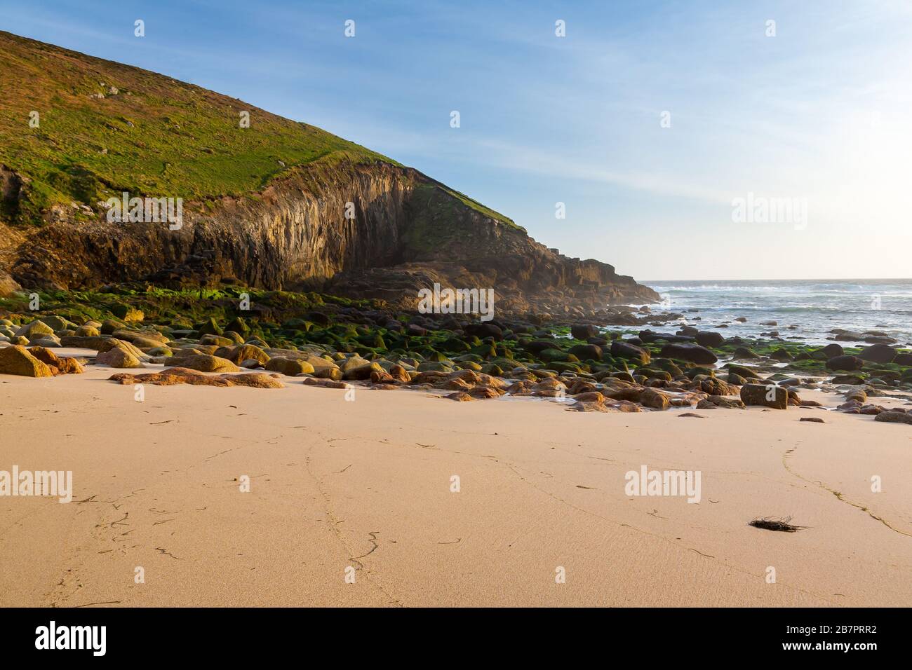 Sunset at Nanjizal, also known as Mill Bay, a beach and cove near Lands ...