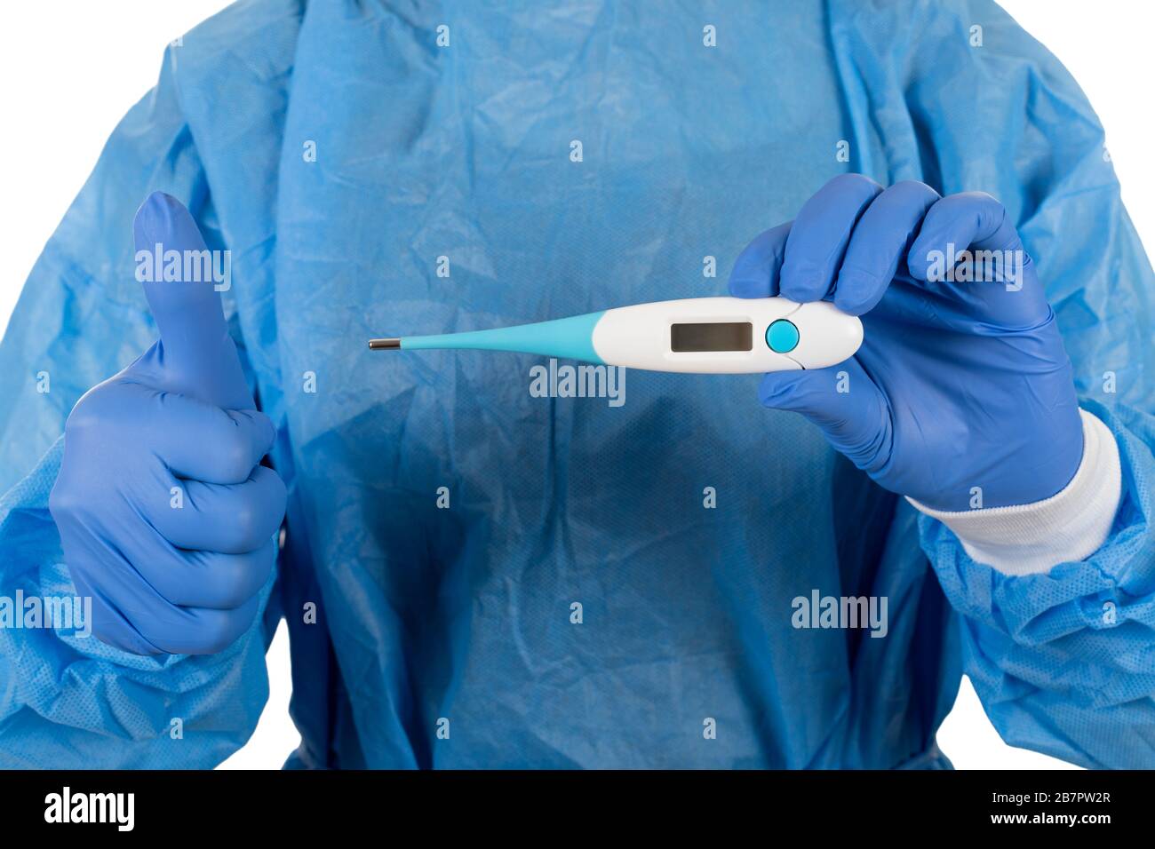 Close up picture of surgeon in blue protective uniform holding digital ...