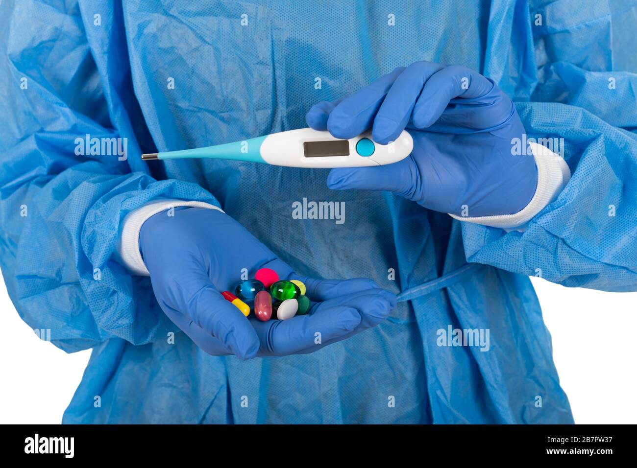 Close up picture of medical surgeon holding digital thermometer and ...