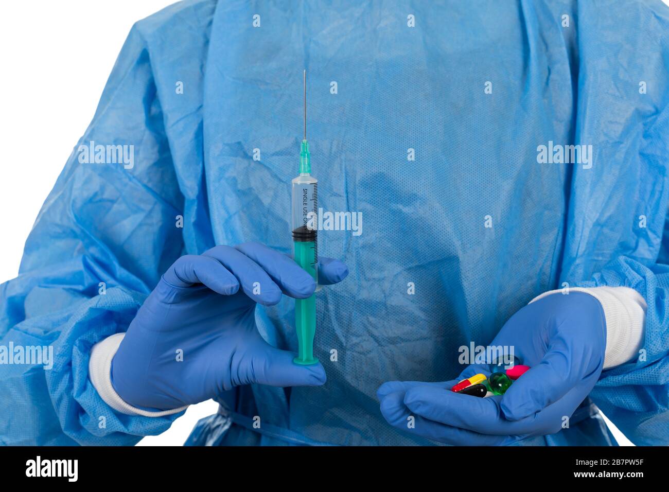 Close up picture of surgeon with protective uniform and gloves holding ...