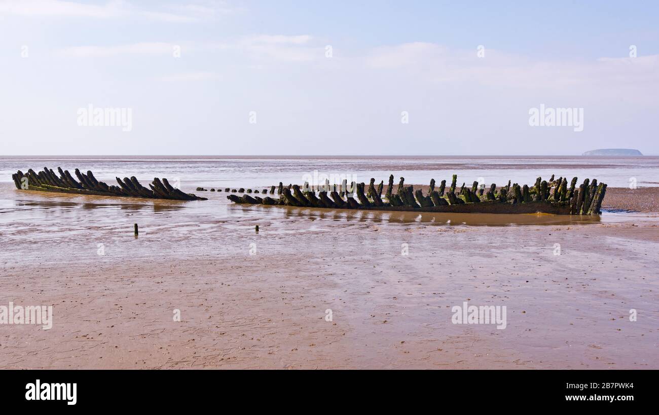 The wooden remains of the stranded wreck of the Norwegian barque that ...