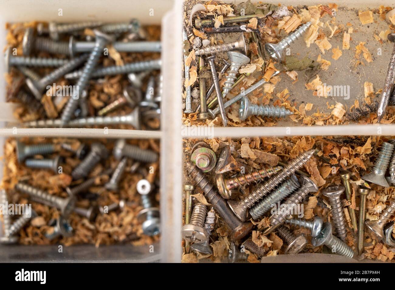 Bolts and screws in a plastic container. Screws dirty with sawdust ...