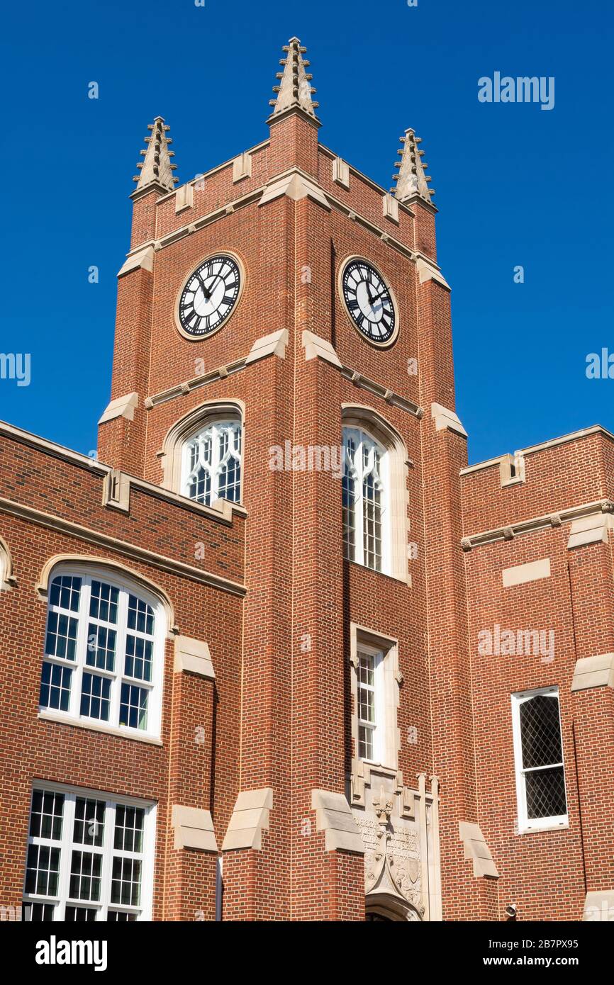 Brick school building in the Midwest with blue skies in the background ...