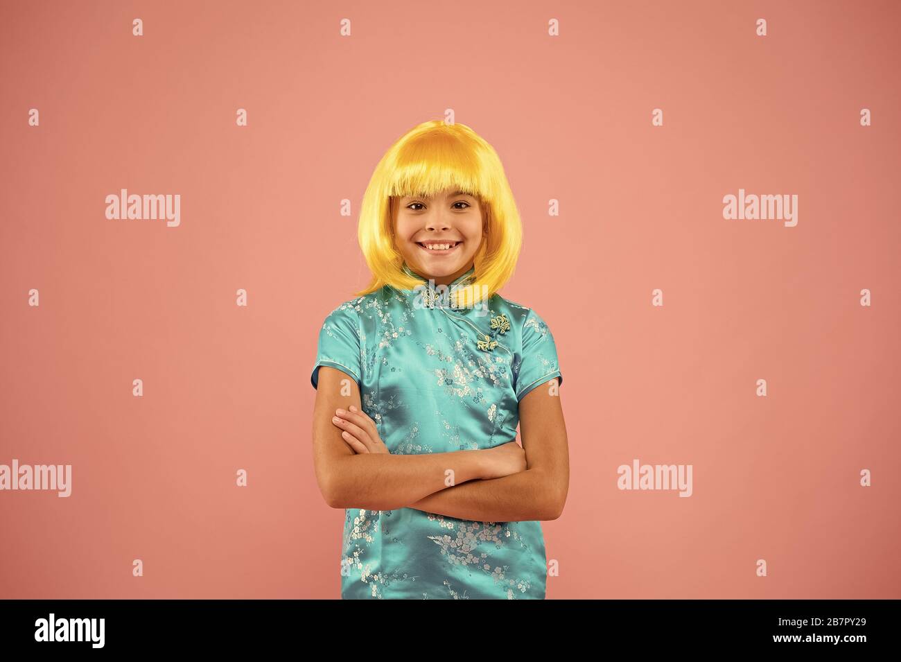 Cosplay outfit. Otaku girl yellow wig. Cosplay character concept ...