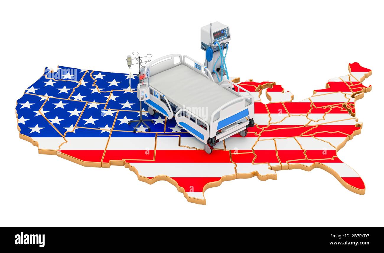 Intensive care unit ICU in the USA, 3D rendering isolated on white ...