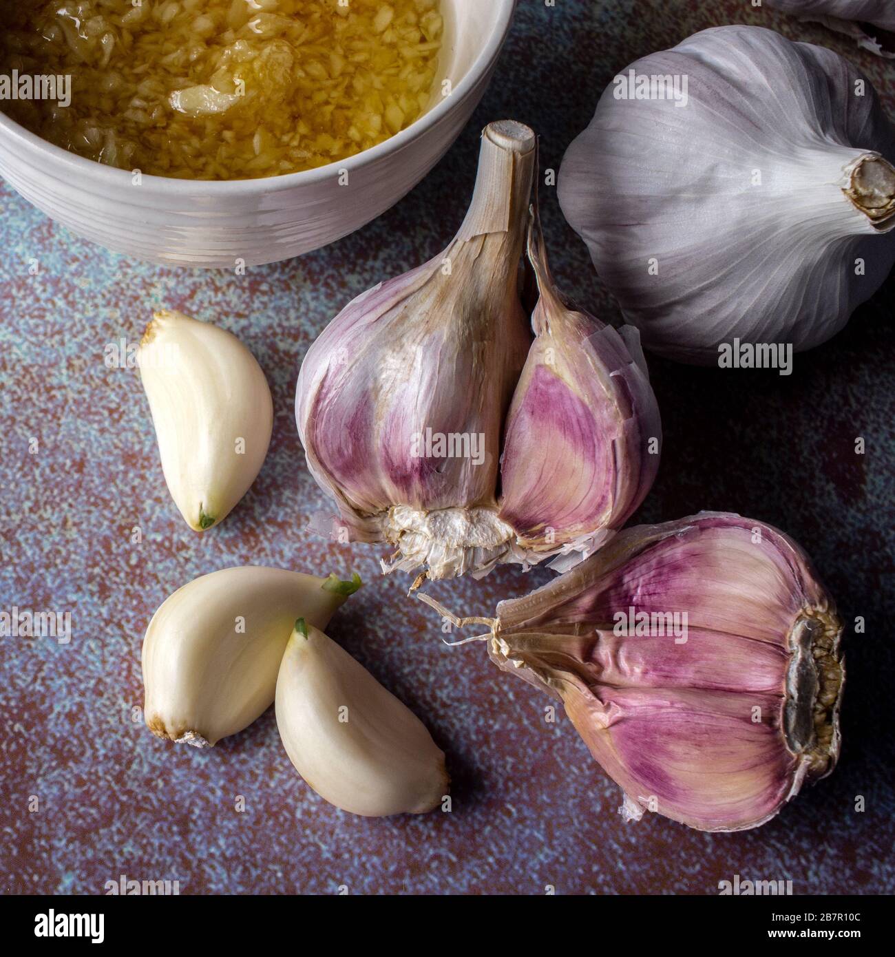 Fresh garlic cloves, bulb and minced garlic in oil on colour background ...