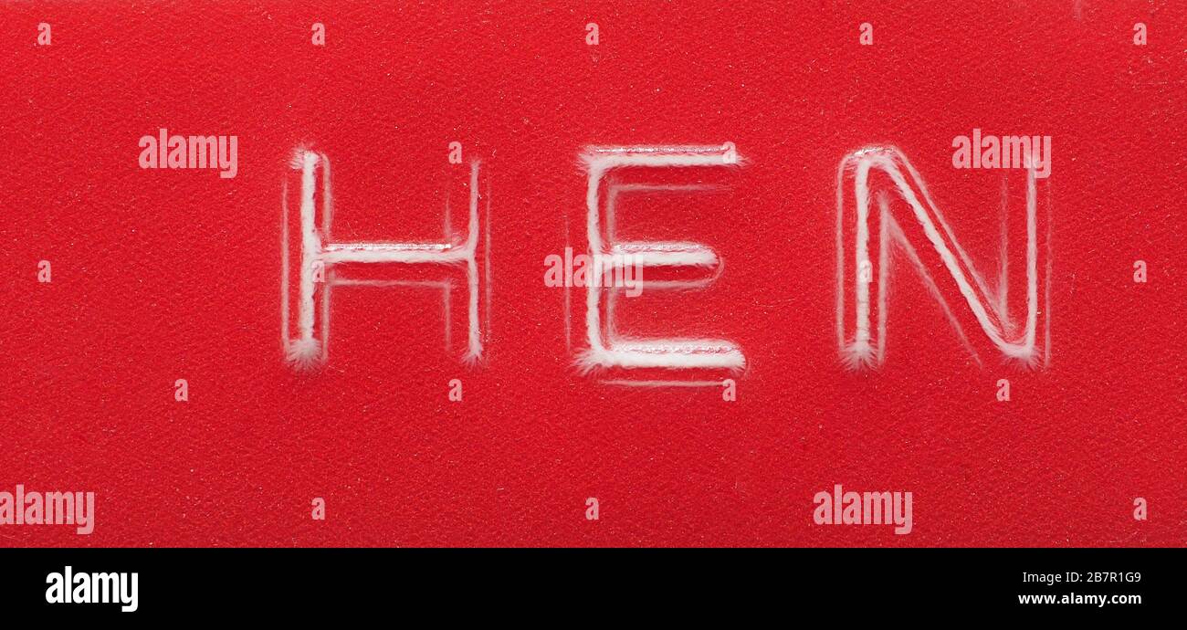 HEN label written with red plastic embossing tape Stock Photo - Alamy