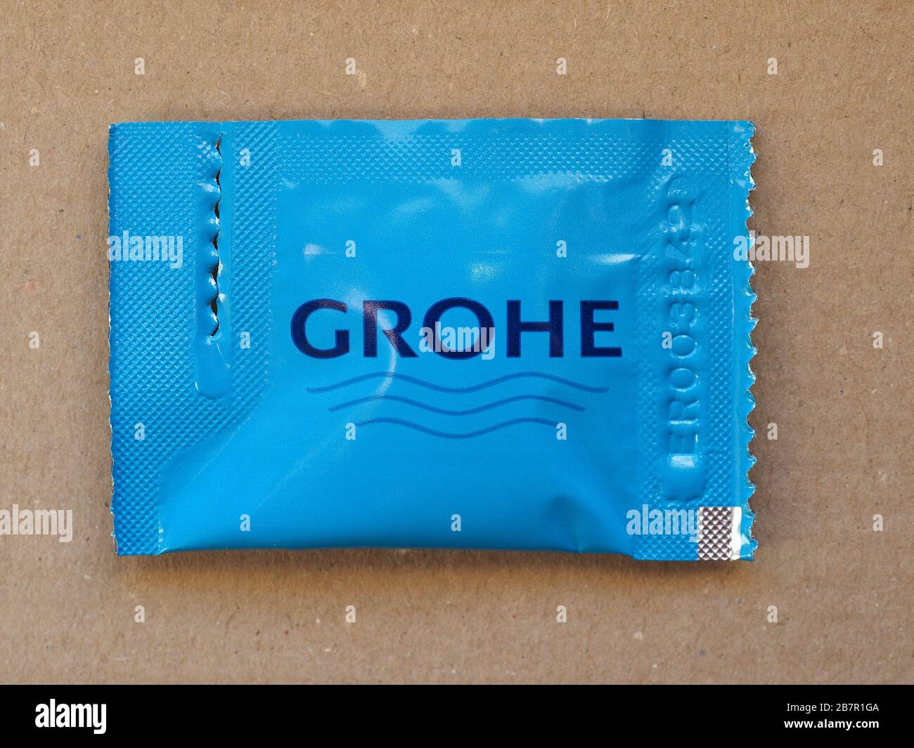 HEMER, GERMANY - CIRCA FEBRUARY 2020: Grohe sign on packet of silicone ...