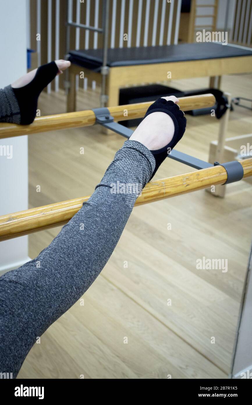 Female dancer doing leg stretches on the ballet barre Stock Photo - Alamy
