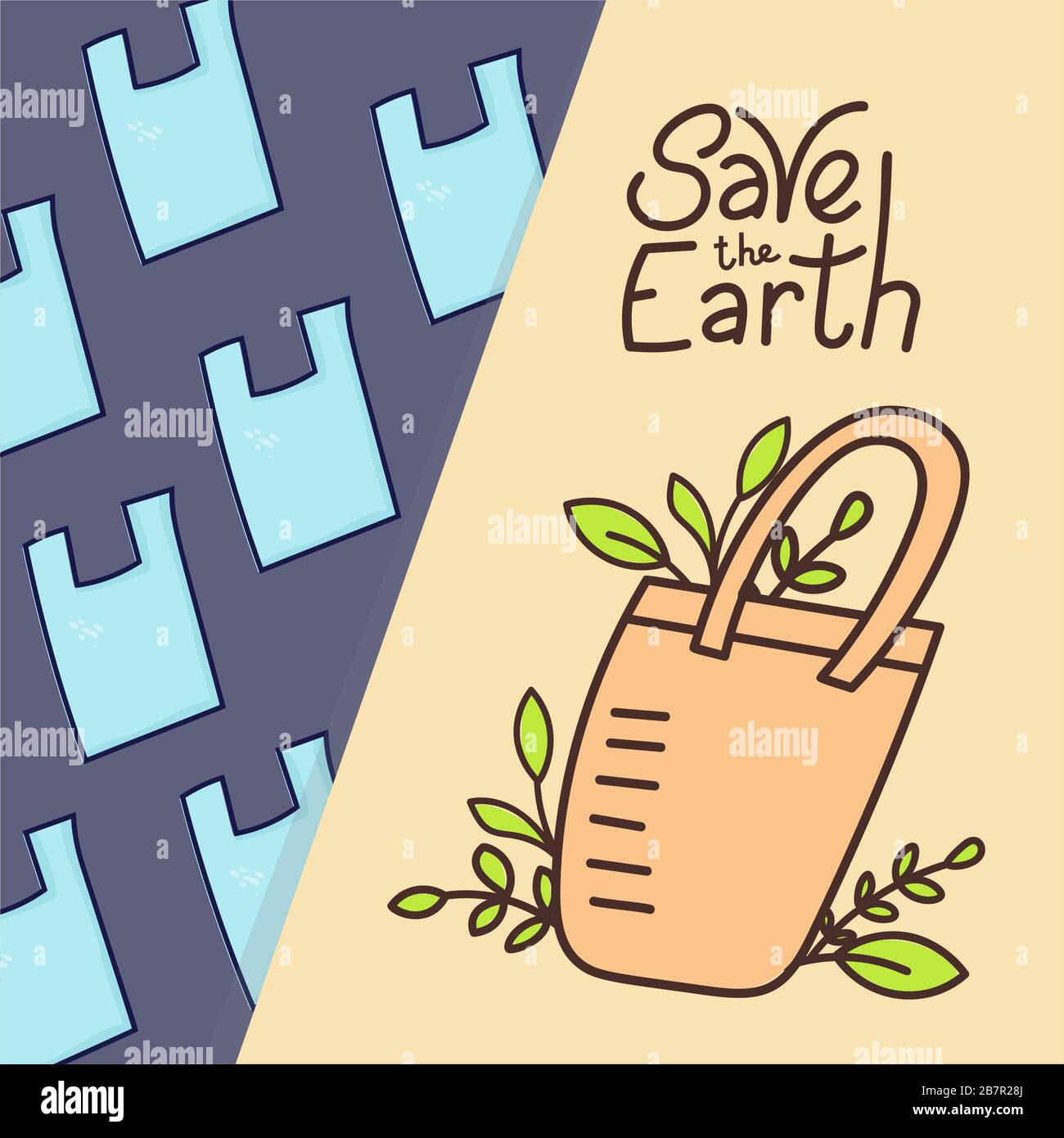 Eco bag and plastic garbage on background. Hand drawn doodles style ...