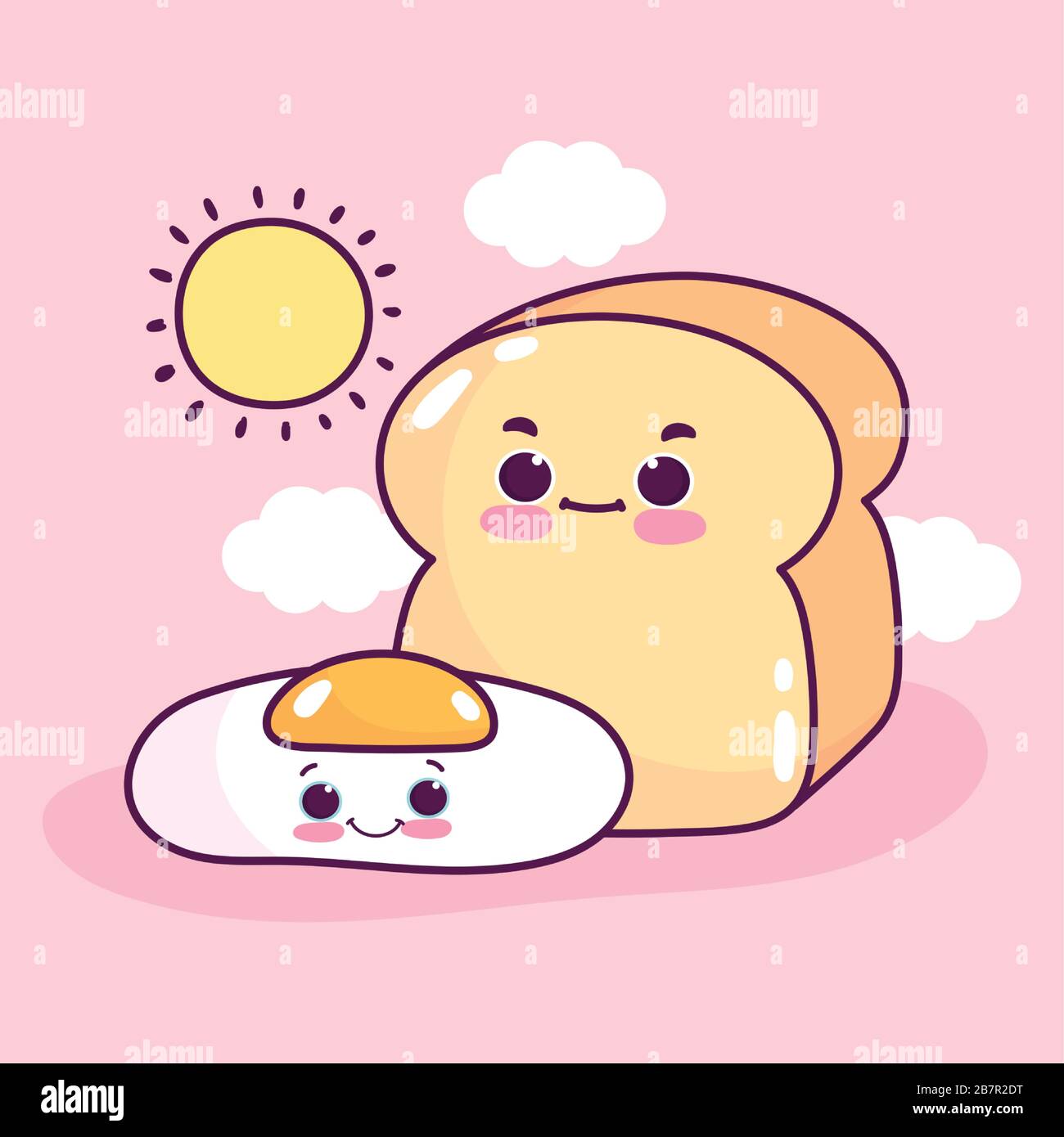 food cute breakfast fried egg and bread sun clouds cartoon vector ...