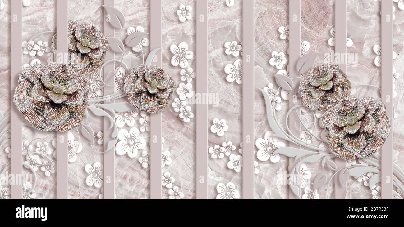 3d wallpaper, jewelry flowers, pale cassis marble background, vertical ...