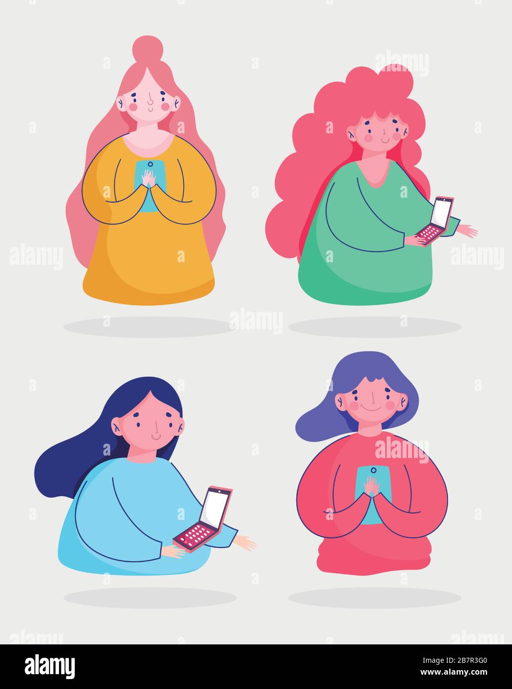 set of women using smartphone device cartoon vector illustration Stock ...