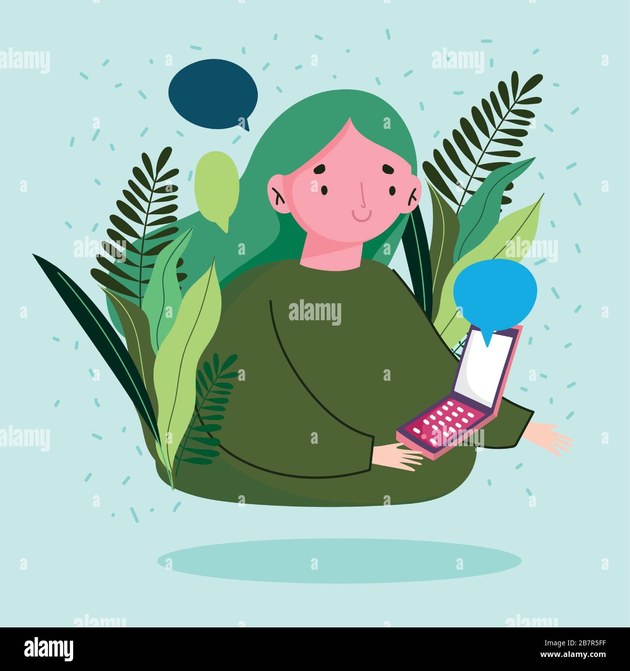 young woman with smartphone sending text message vector illustration ...
