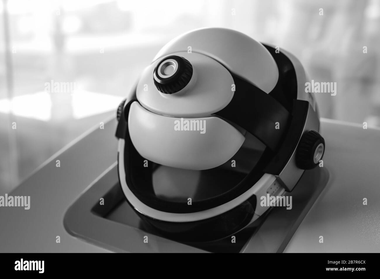 Innovative modern helmet for medical diagnostics black-white photo ...