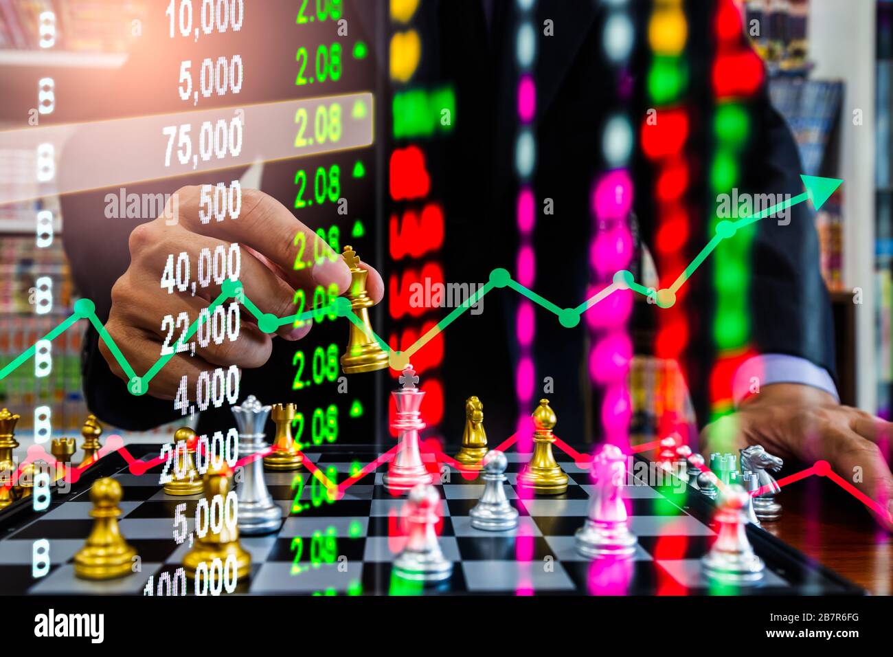 Chess game on chess board on stock market or forex trading graph chart ...