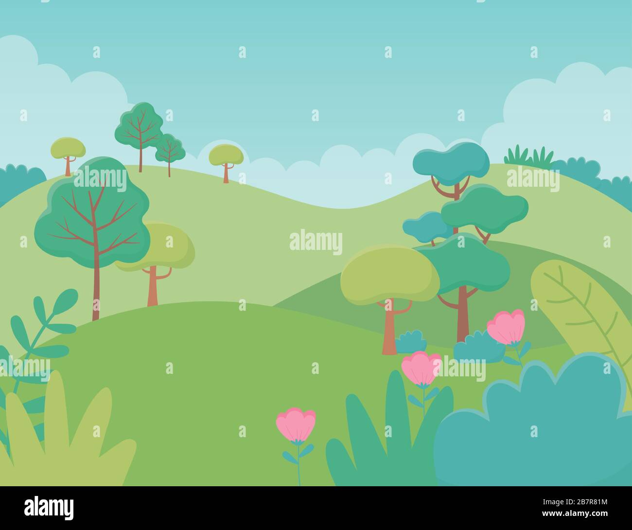 landscape hills flowers trees foliage nature greenery image vector ...