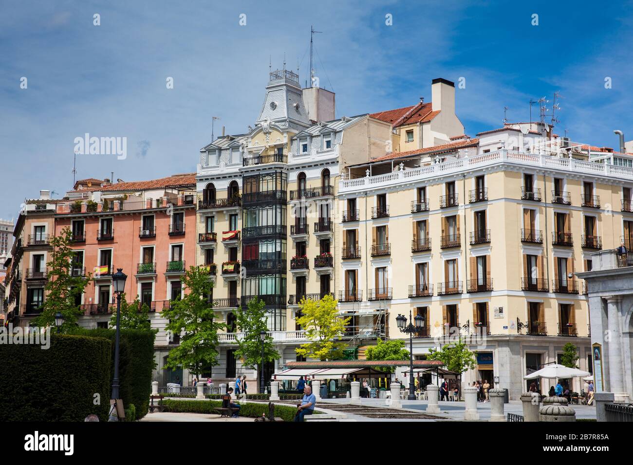 MADRID, SPAIN - MAY, 2018: Beautiful antique buildings around Plaza de ...