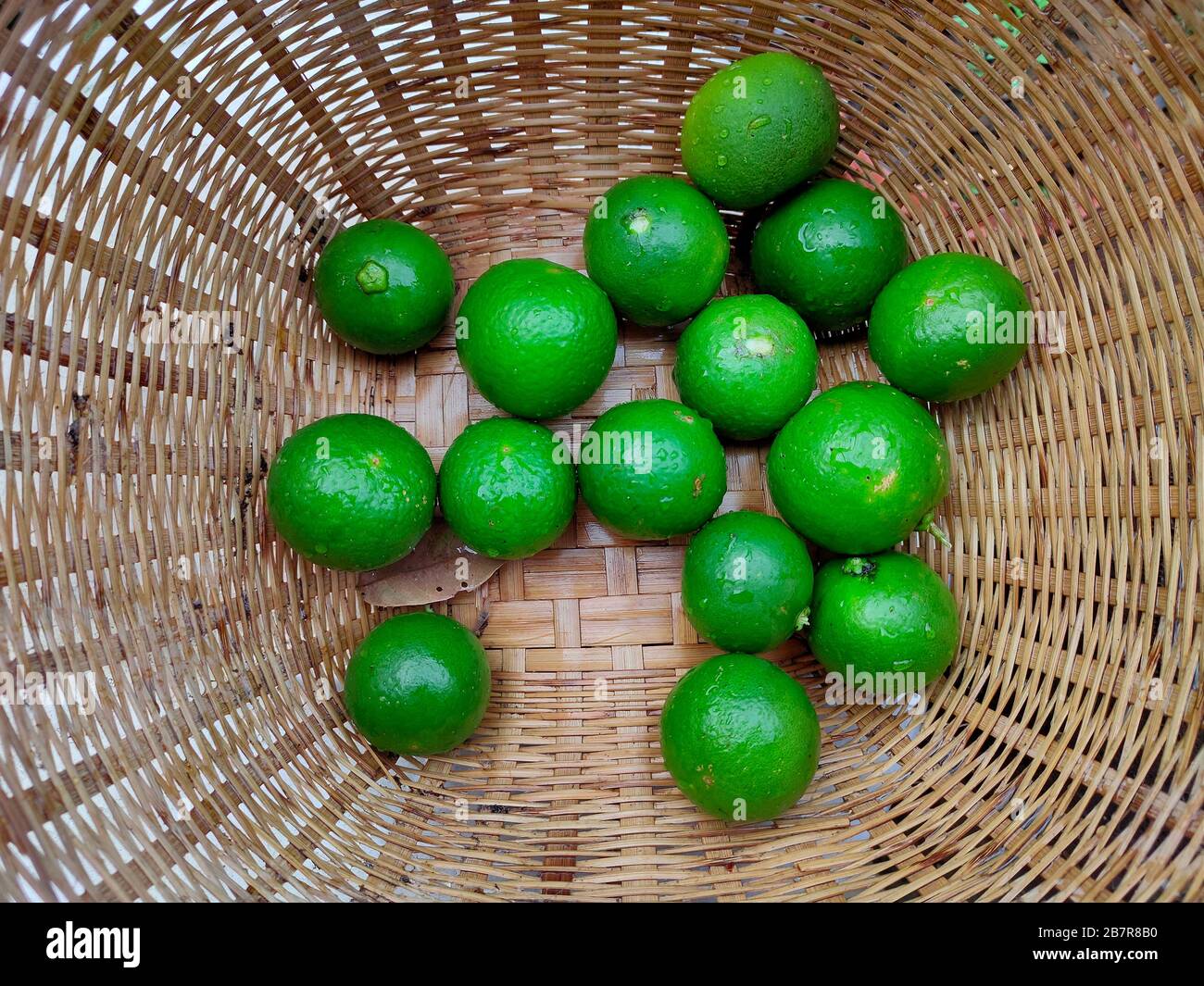 The Fresh green limes in the small colorful baskets on the woven bamboo ...