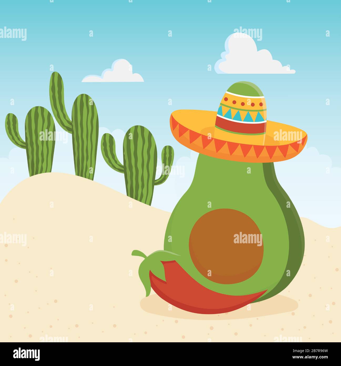 cinco de mayo avocado with hat and pepper in desert mexican vector ...