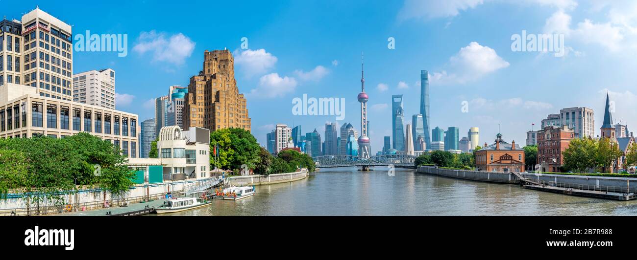 Panoramic view of Shanghai skyline on Suzhou river, China Stock Photo ...