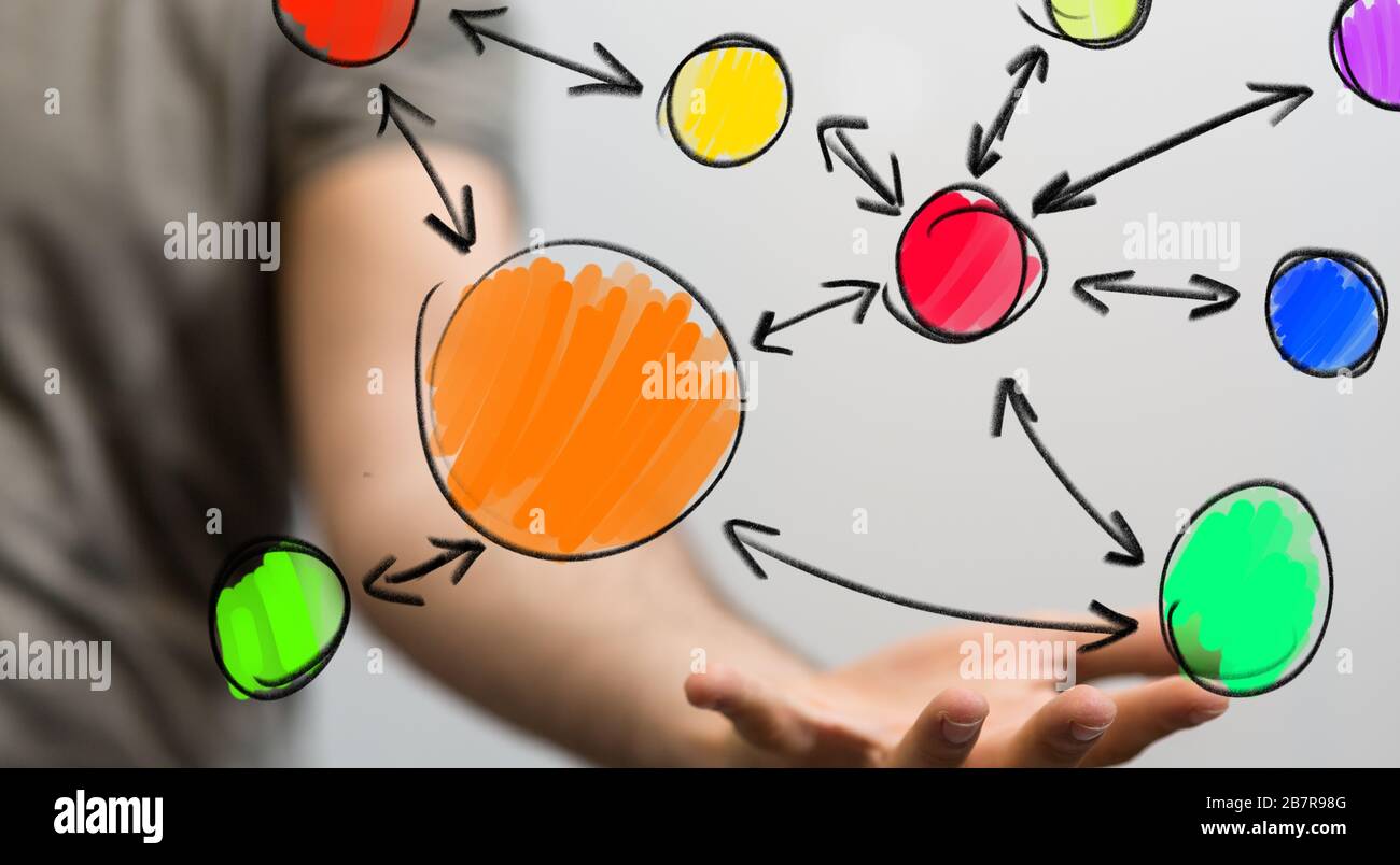 Person presenting the virtual projection of the colorful networking ...