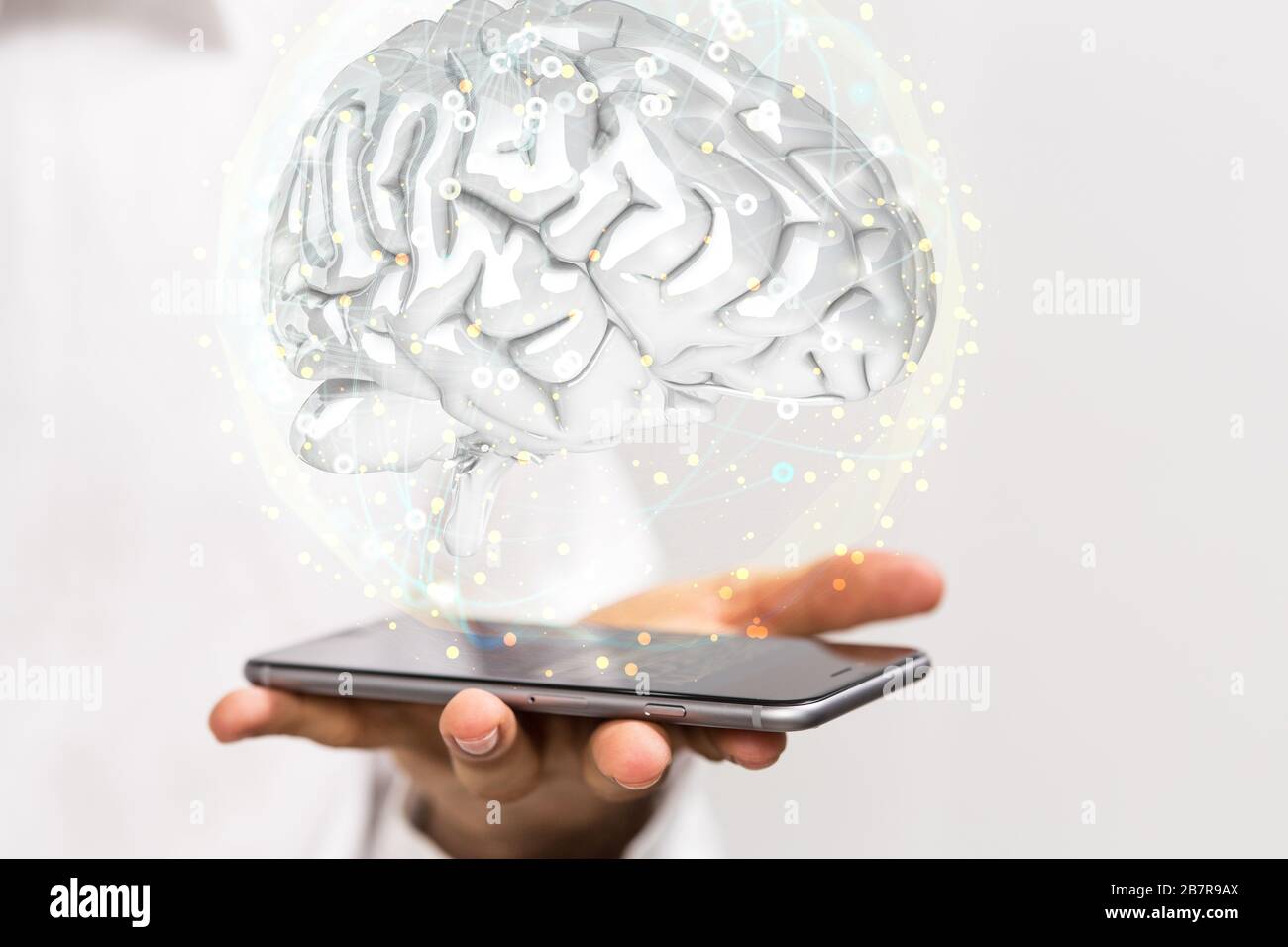 Closeup shot of a person presenting the virtual projection of a human ...