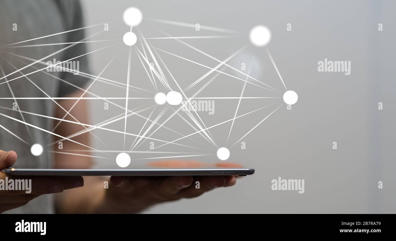 Closeup shot of a person presenting the virtual projection of data ...